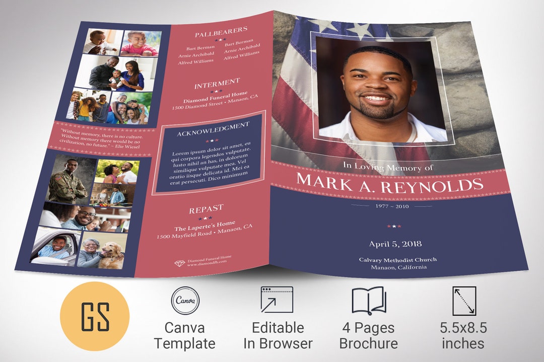 American Military Funeral Program Template for Canva V1, Red White Blue ...
