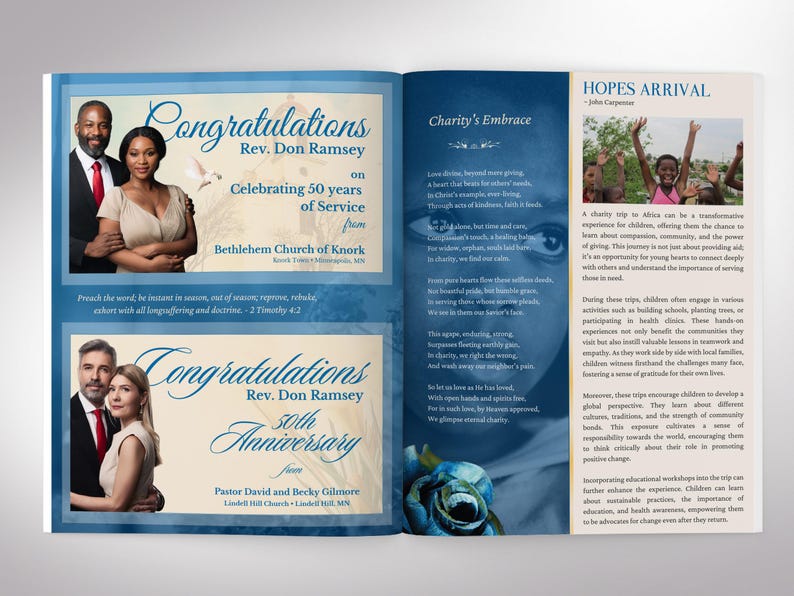 Church Souvenir Book Template: Blue and Gold 24 Page Pastor ...