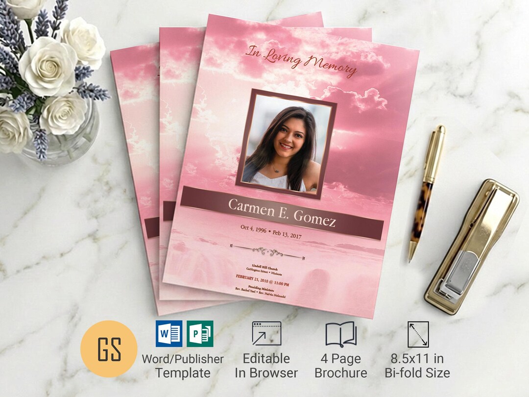 Pink Sunrise Funeral Program Template for Word and Publisher: 4 Page ...