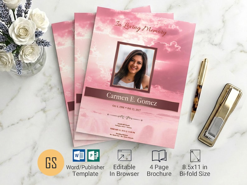Pink Sunrise Funeral Program Template for Word and Publisher: 4 Page ...