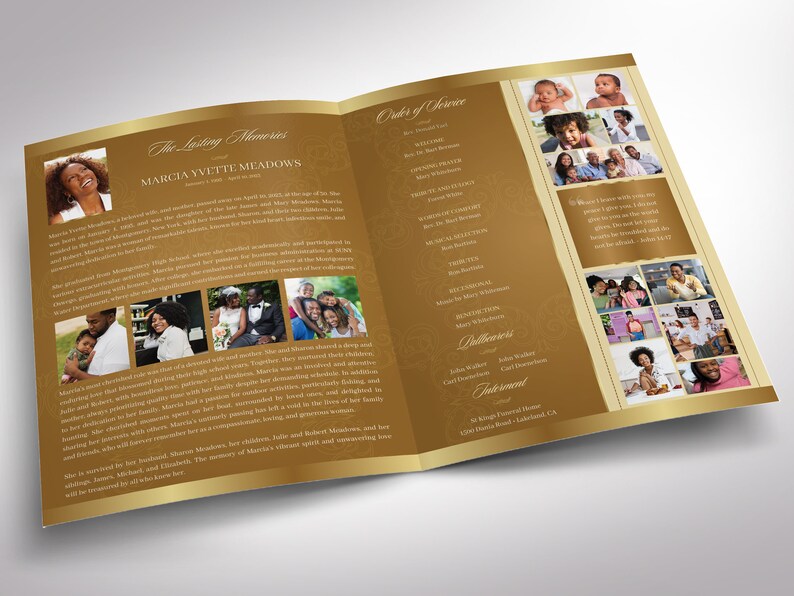 Beige & Gold Funeral Program Template for Canva: 8 Page Bifold Obituary ...