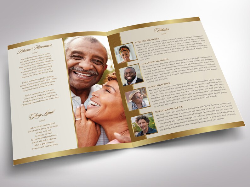 Beige & Gold Funeral Program Template for Canva: 8 Page Bifold Obituary ...