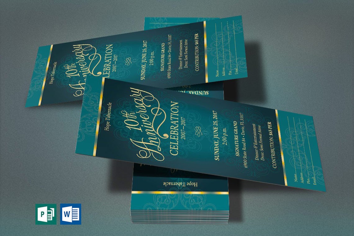 Teal & Gold Church Anniversary Ticket Template for Word and Publisher ...