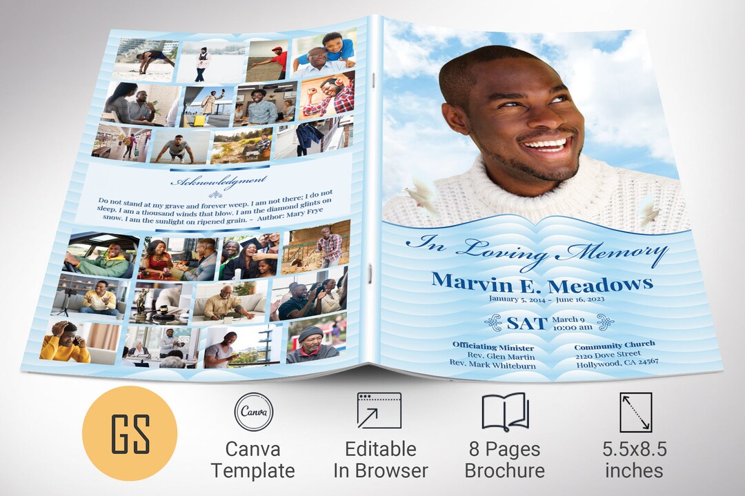 Baby Blue Funeral Program Template for Canva V2, Celebration of Life ...