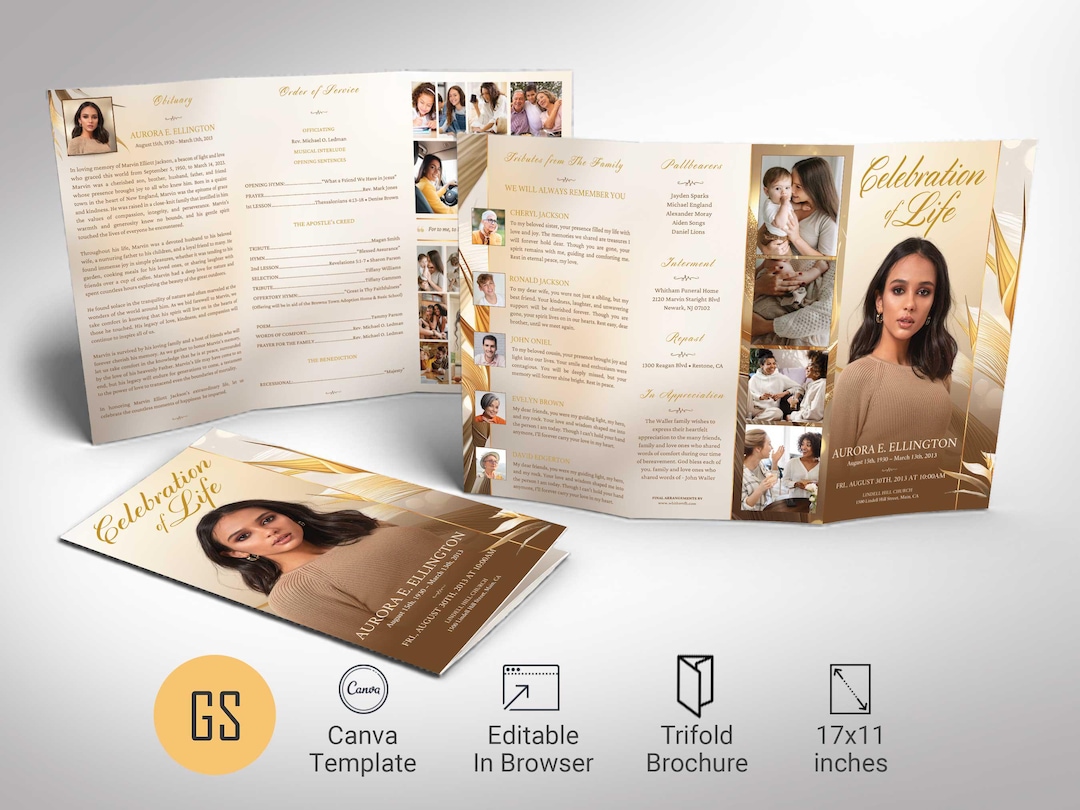 Beige Funeral Program Canva Template, Printable Tabloid Trifold ...