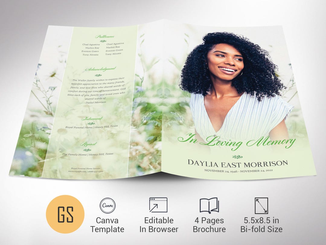 Green Love Funeral Program Template for Canva, Celebration of Life ...