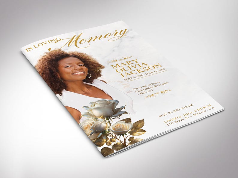 Rose Funeral Program Template: White Gold, Magazine Style (canva, 8 ...