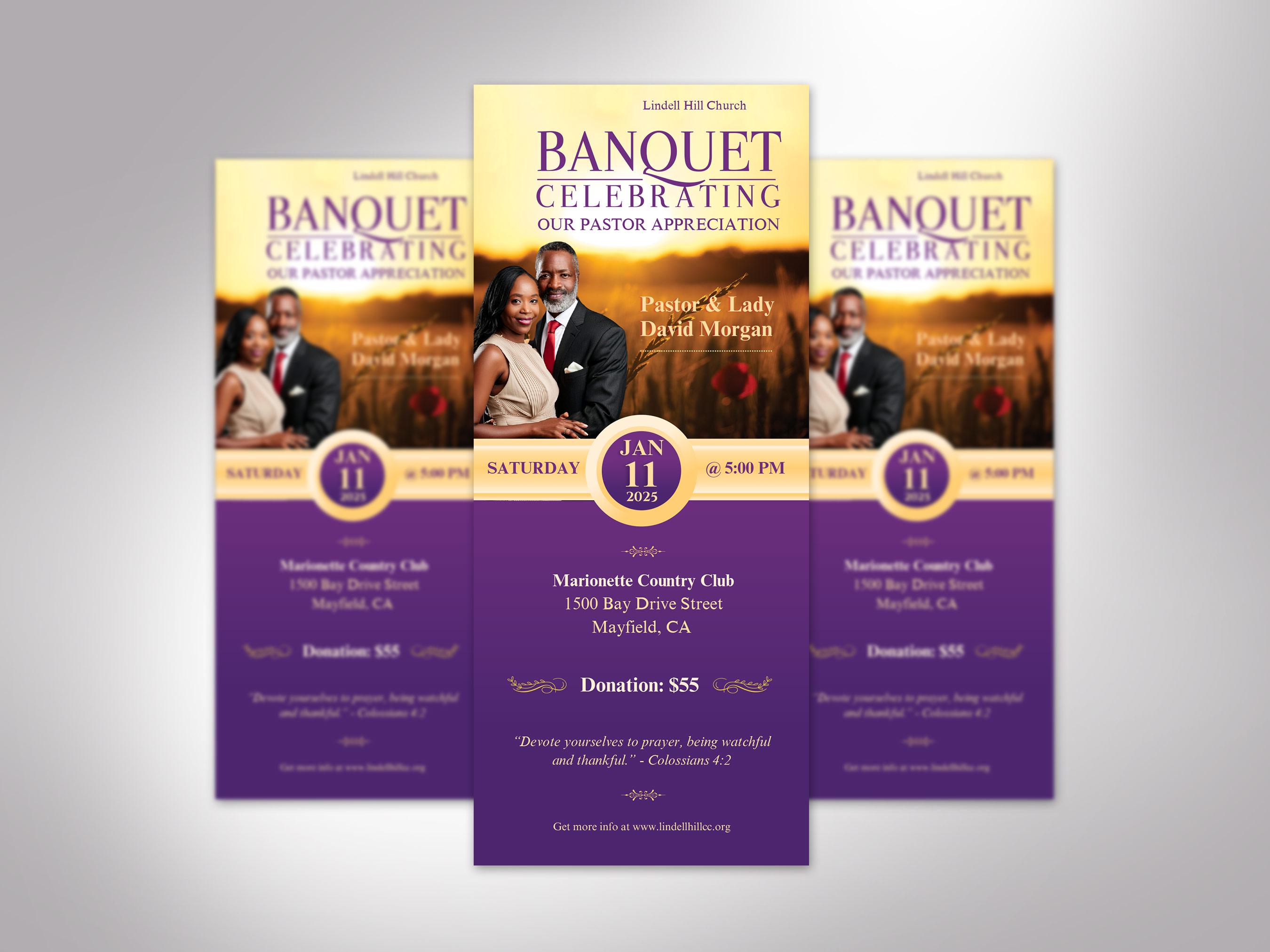 Pastor Anniversary Banquet Ticket Template for Canva: Purple & Gold ...