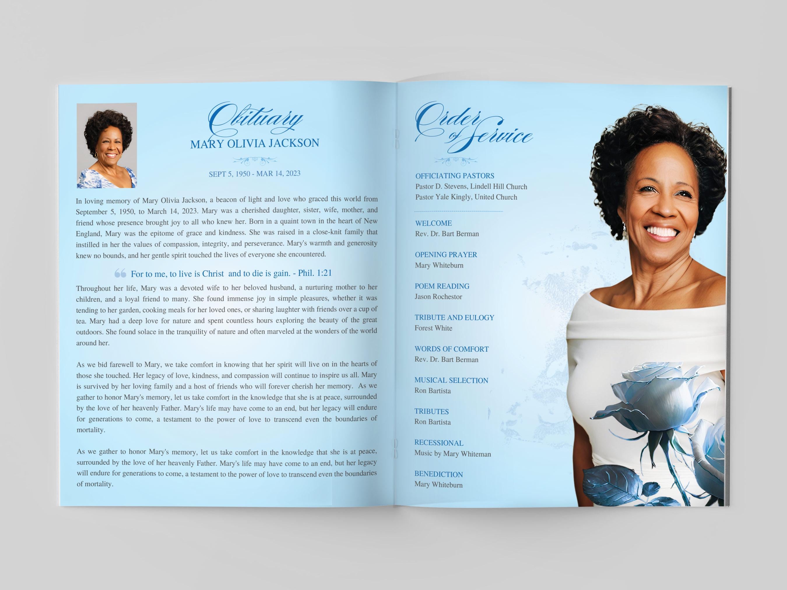 Rose Funeral Program Template: Sky Blue, 8-page Magazine-style Obituary ...