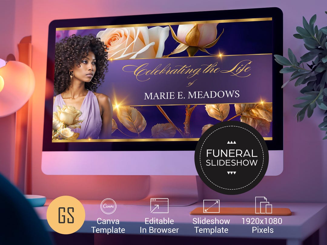 Purple & Rose Funeral Slideshow Template Canva Memorial Video 32 Slide ...