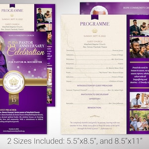 Pastor Anniversary Program Template Set for Canva, Purple Gold, Church Anniversary, Pastor ...