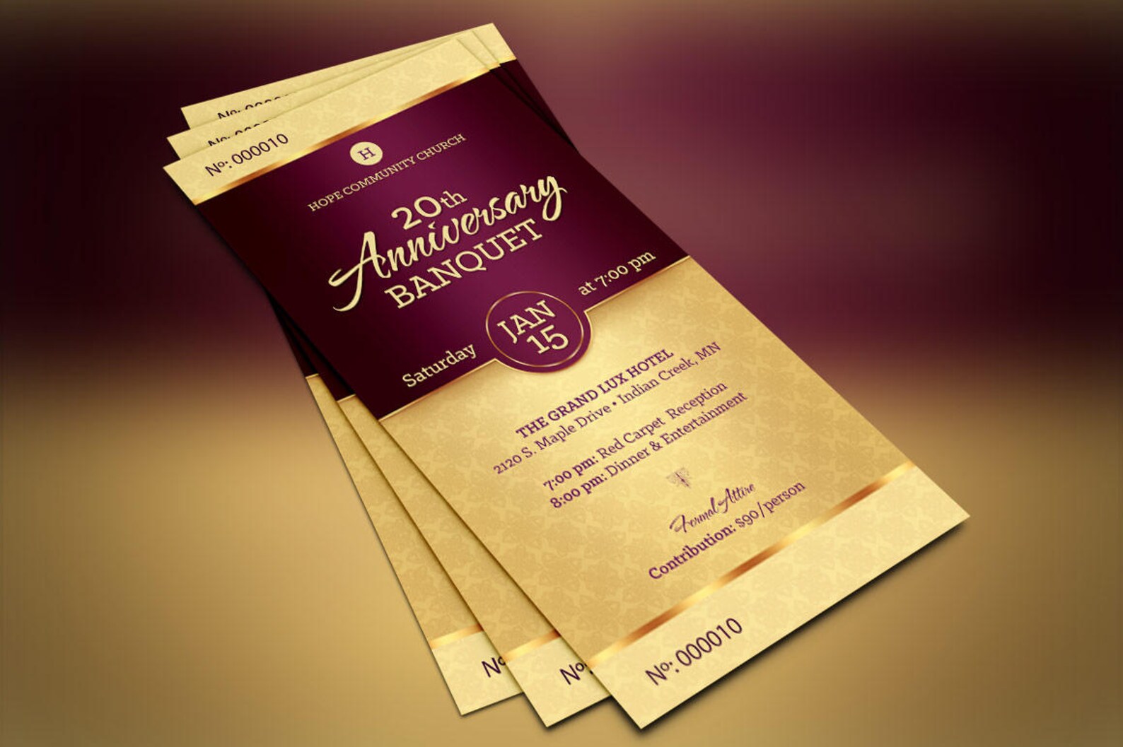 Plum Gold Anniversary Banquet Ticket Template for Word and - Etsy