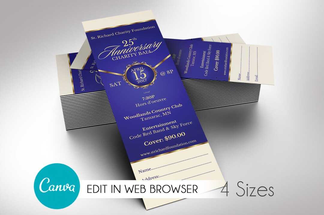 Violet Gold Anniversary Gala Ticket Template for Canva, Banquet Ticket ...