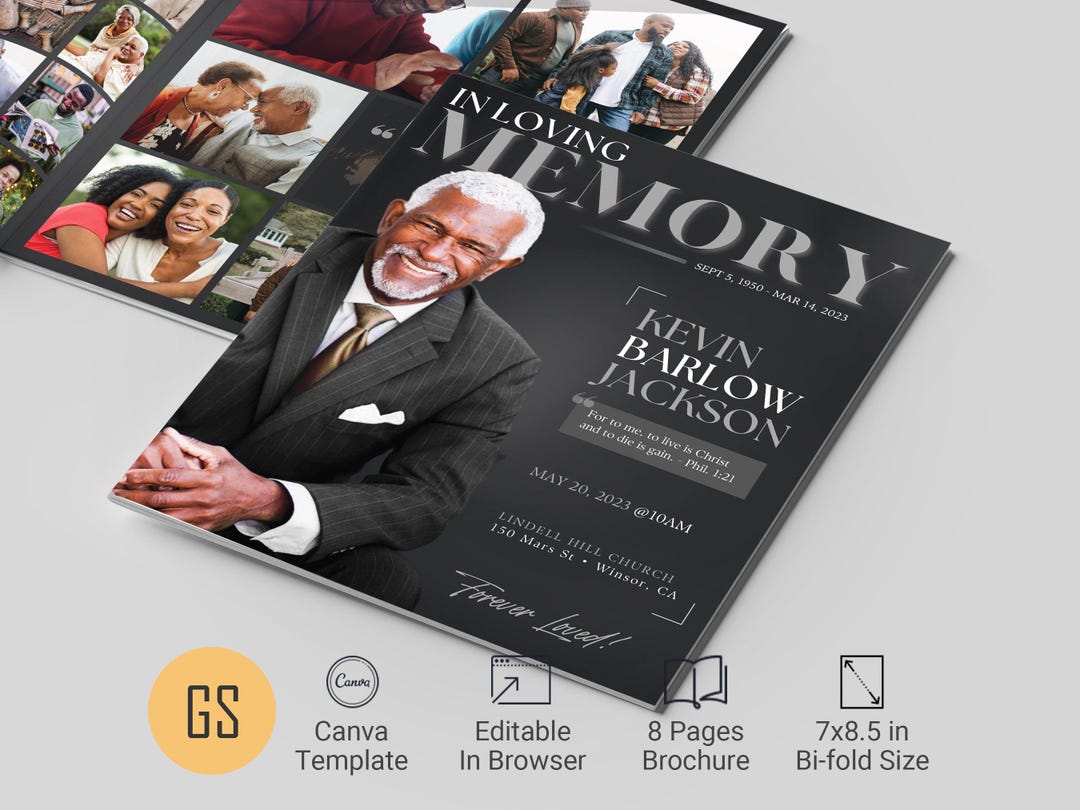 Magazine-style Funeral Program Template: Black & Gray Obituary (canva ...