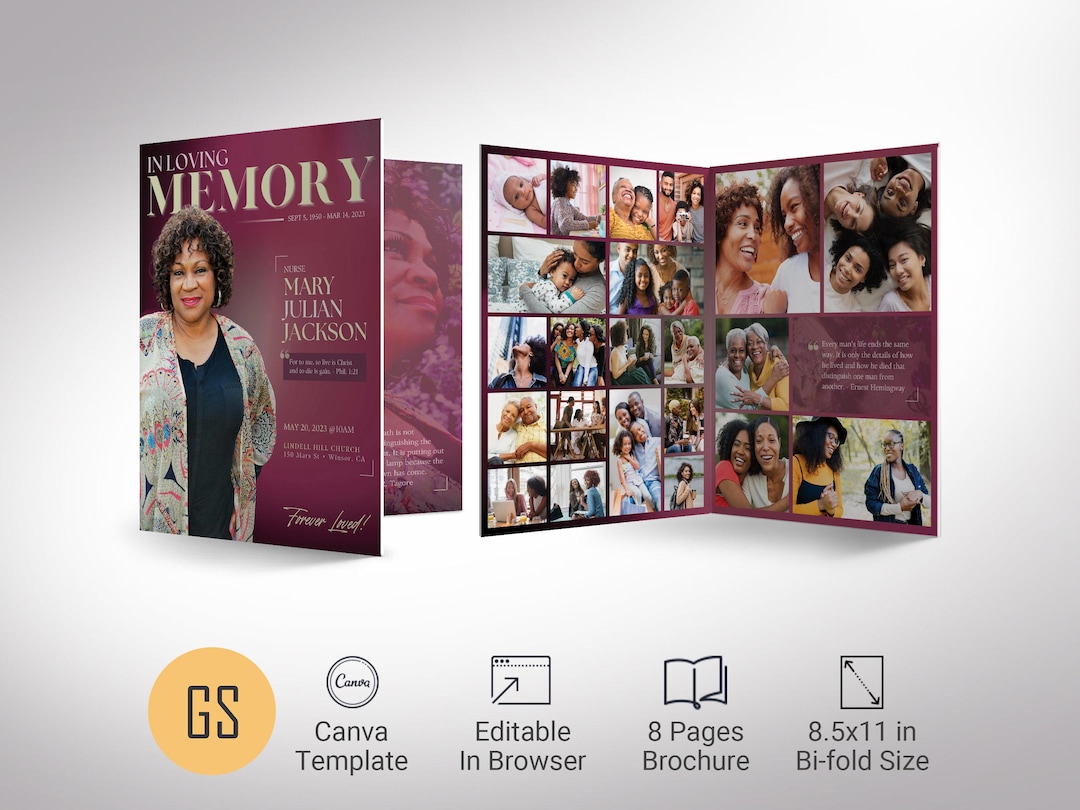 Maroon Funeral Program Template: Magazine Style, 8 Pages (canva ...