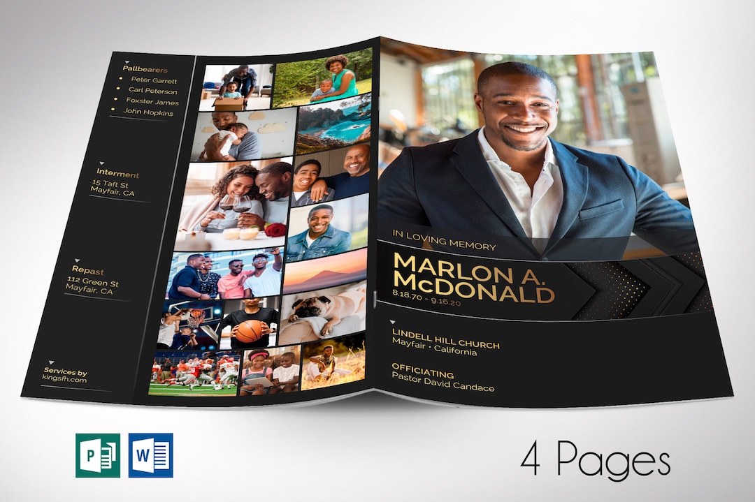 Gold Luxury Funeral Program Template, Word & Publisher, Celebration of ...