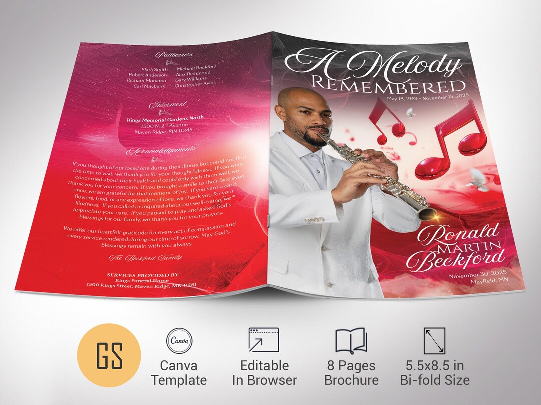 Red Musical Funeral Program Template 5.5x8.5, 8 Page Memorial Obituary ...