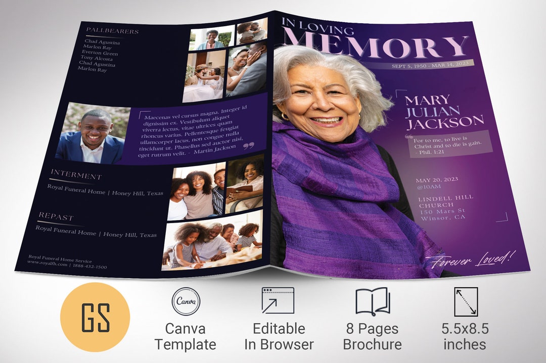 Purple Funeral Program Template: Celebration of Life, 8 Pages (canva, 5 ...