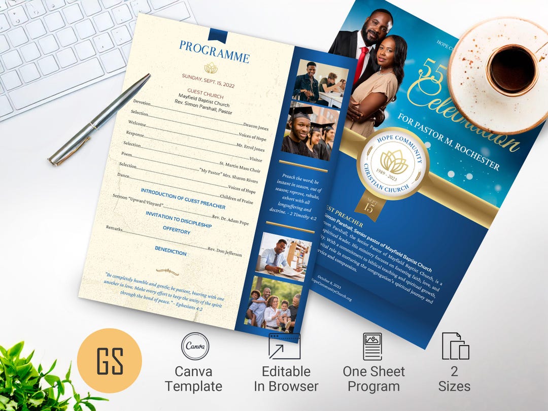 Blue & Gold Pastor Anniversary Program Template: Church Banquet (canva ...