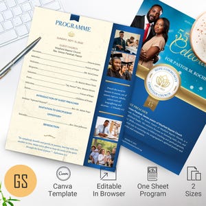 Blue & Gold Pastor Anniversary Program Template: Church Banquet (canva ...