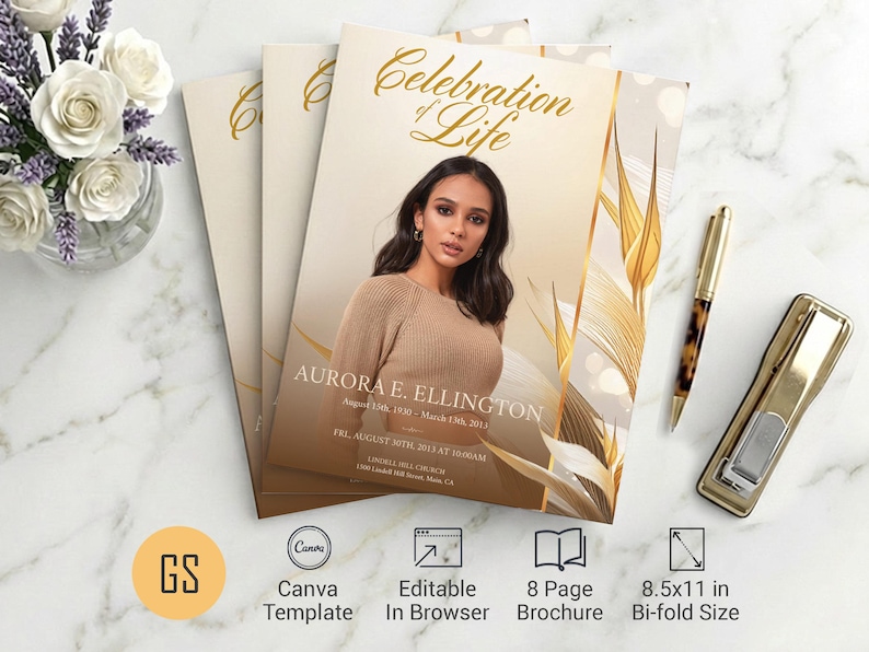 Beige Funeral Program Template for Canva: 8-page Paradise Bifold ...