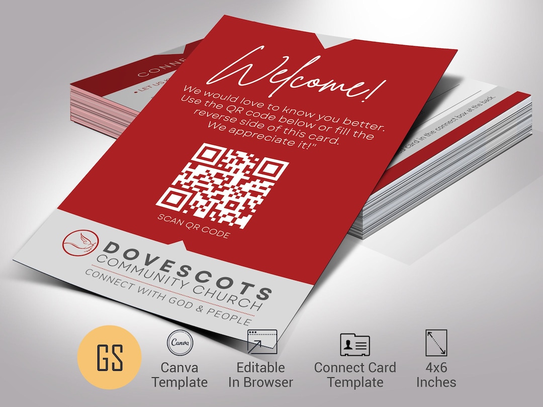 Modern Church Connect Card Template: Red & White, QR Code Welcome ...
