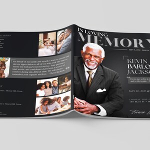 Magazine-style Funeral Program Template: Black & Gray Obituary (canva ...