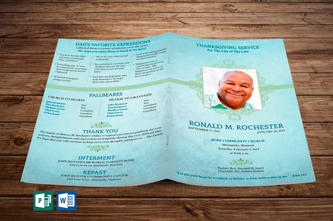 Blue Texture Funeral Program Template Set, Word and Publisher, Sky Blue ...