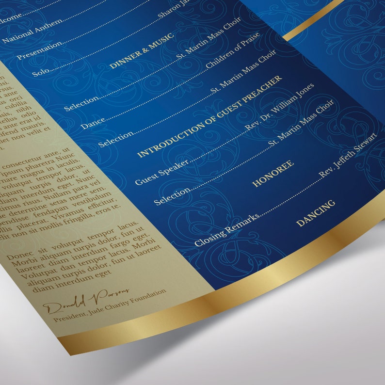 Blue Gold Gala Program Template: Anniversary, One-page Church Event ...