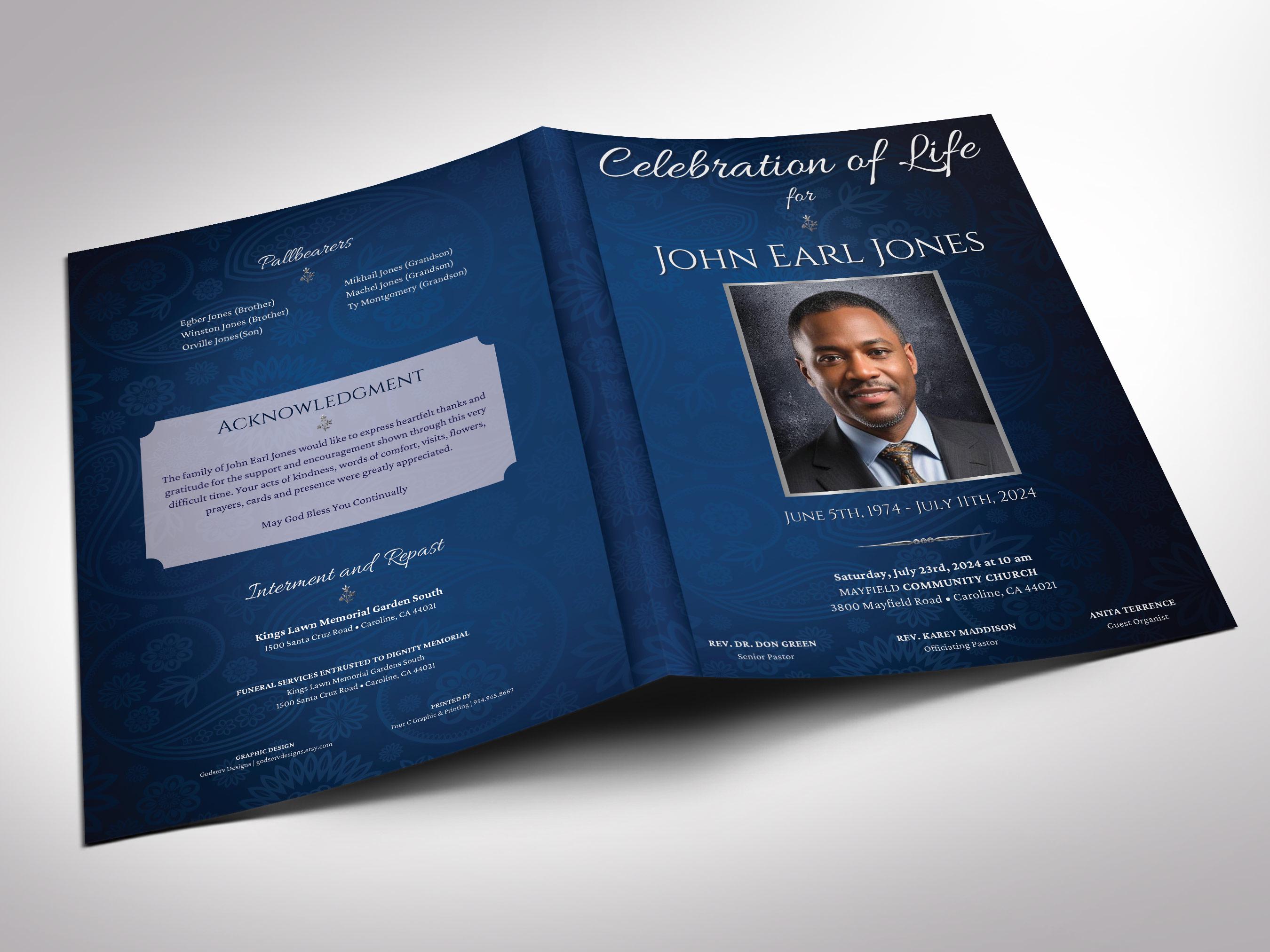 Blue Silver Funeral Program Template, 4 Page Celebration of Life ...