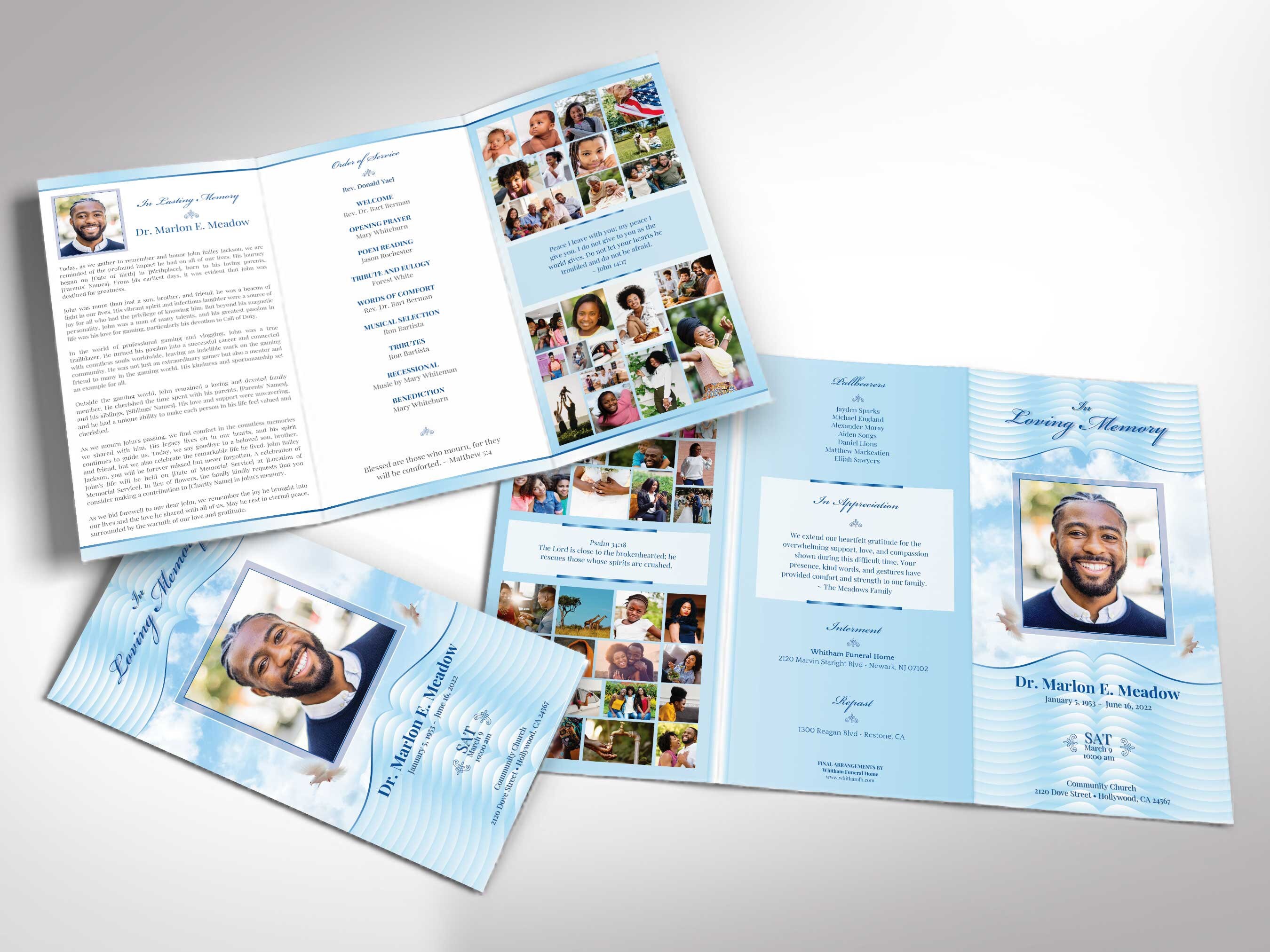 Baby Blue Waves Funeral Program Template | Canva: Tabloid Trifold ...