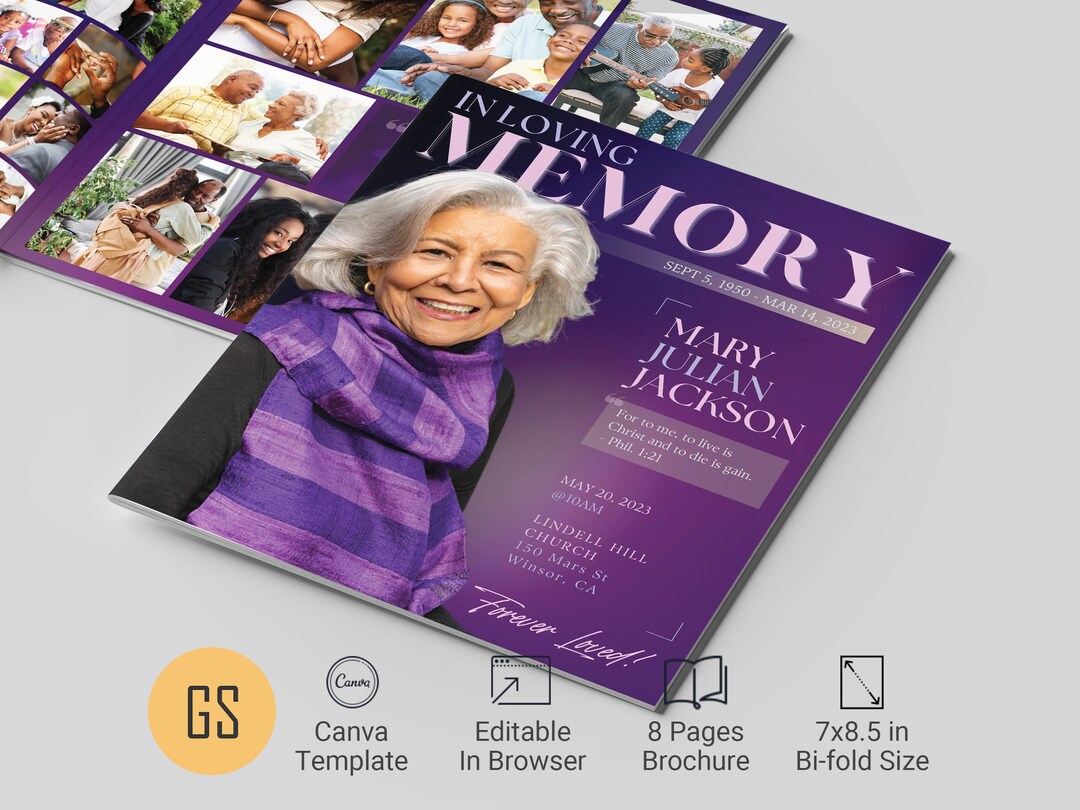 Purple Funeral Program Template Canva 8 Page Magazine Style Obituary ...