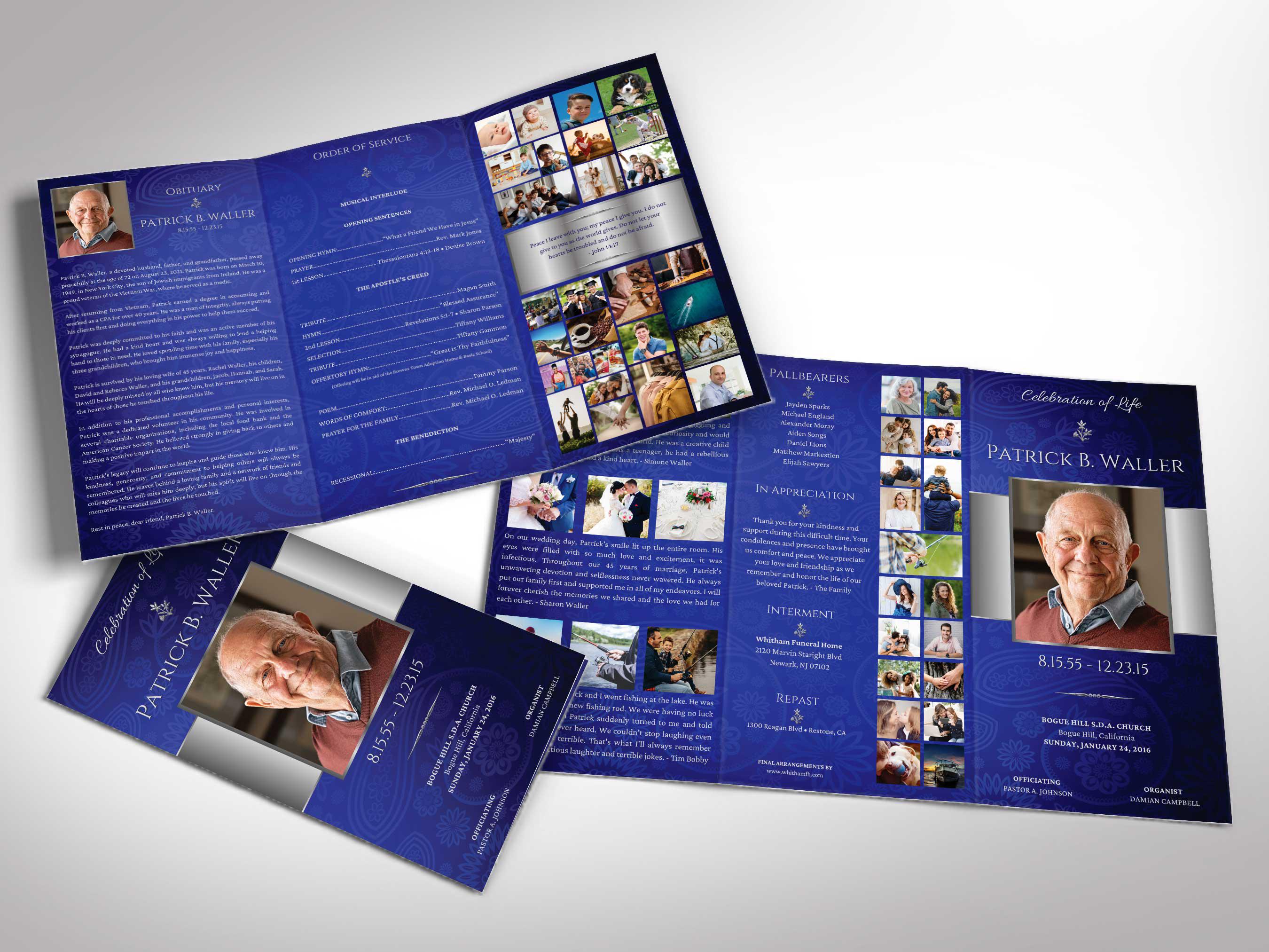 Blue Silver Funeral Program Template: Trifold Celebration of Life ...