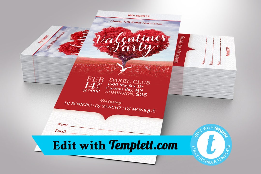 Valentine's Day Party Ticket Template for Templett: Red Heart Floral ...