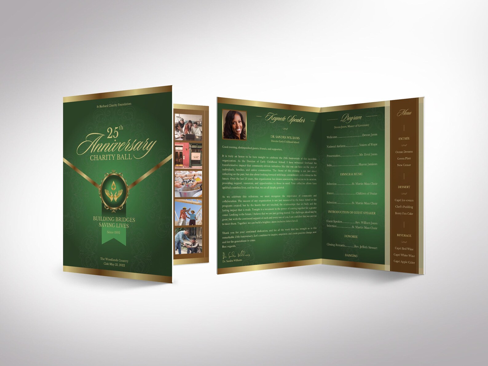 Green & Gold Anniversary Gala Program Template | Canva: 8-page Bifold ...