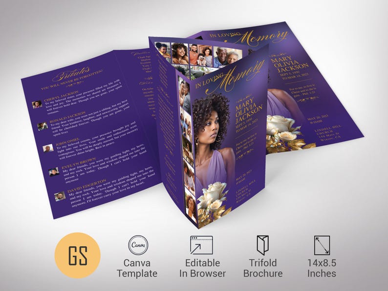 Rose Funeral Program Template: Purple & Gold, Trifold Obituary (canva ...