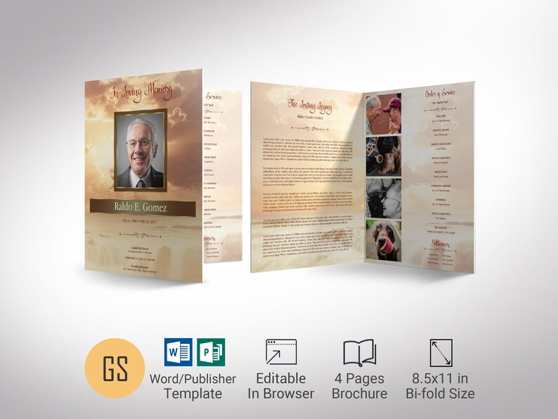 Gold Sunrise Funeral Program Template: 4 Page Celebration of Life ...