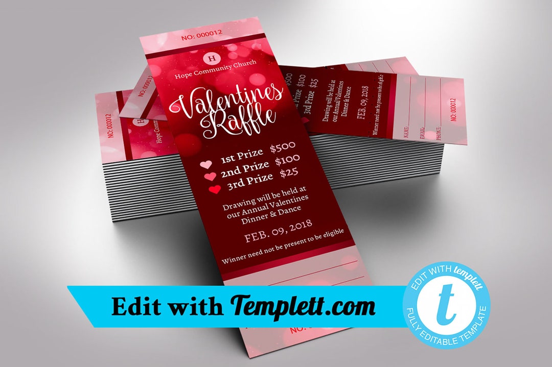 Valentine's Day Raffle Ticket Template for Templett: Red Hears ...