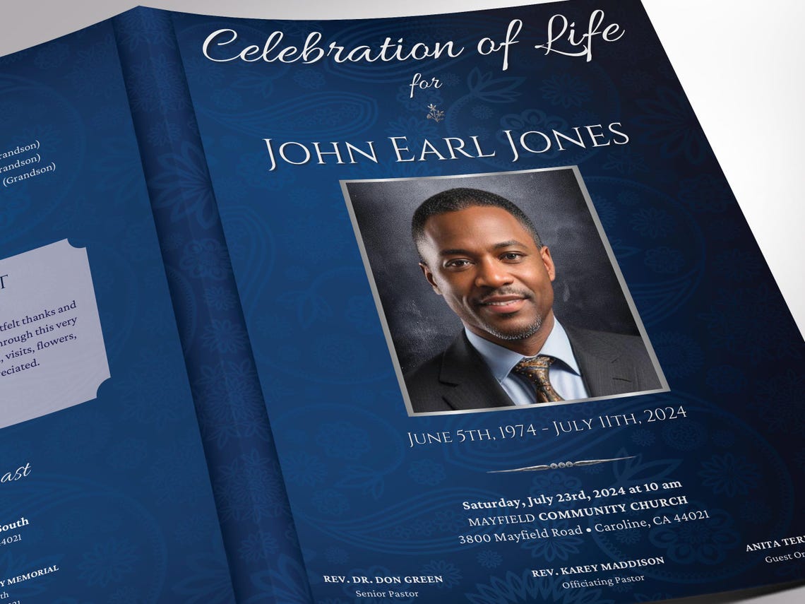 Blue Silver Funeral Program Template, 4 Page Celebration of Life ...