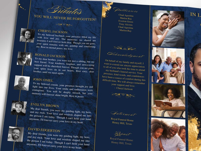 Navy Blue & Gold Funeral Program Template: Classic Trifold Obituary ...