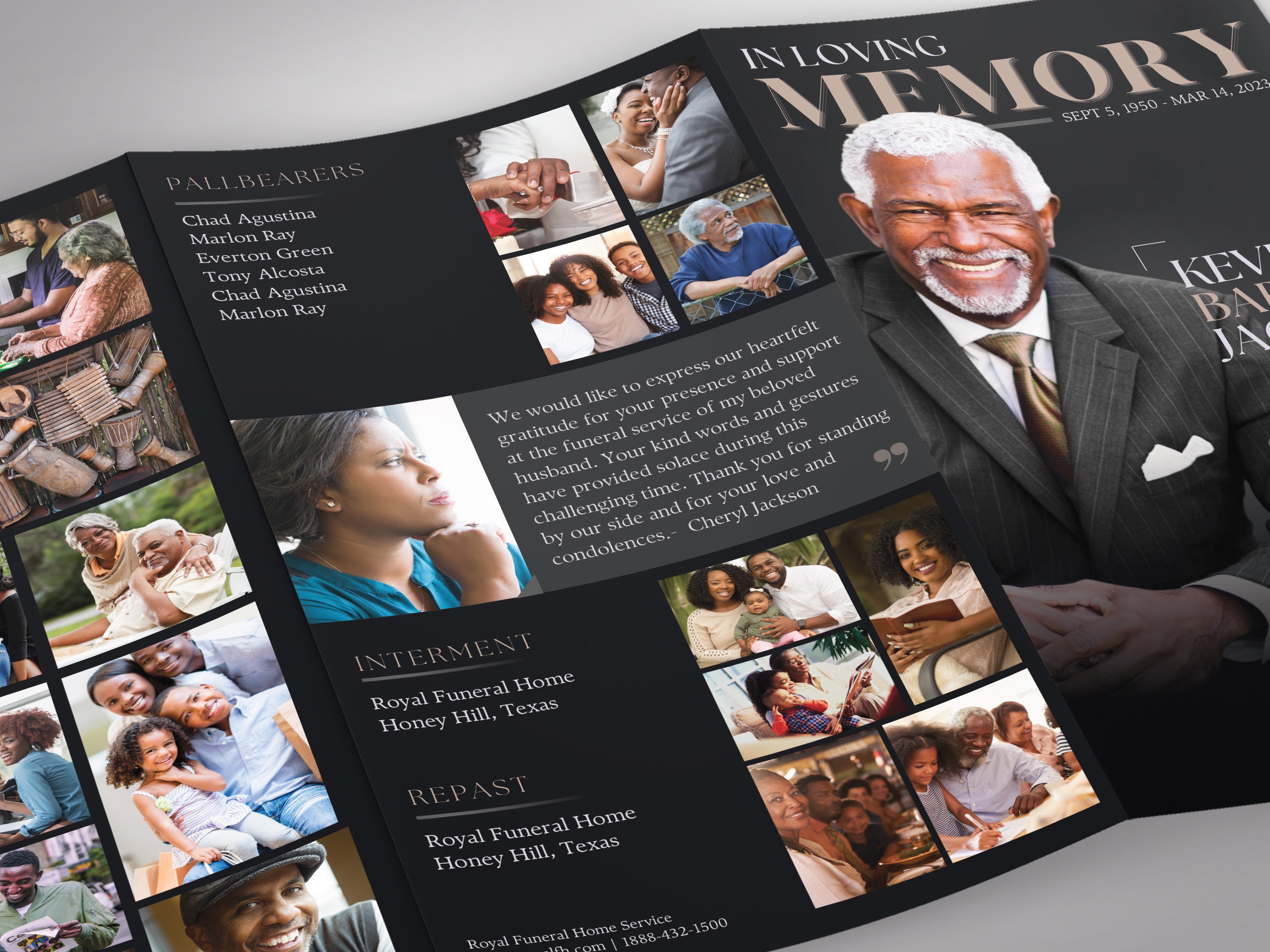 Black Dawn Funeral Program Template Canva Trifold Magazine Style ...