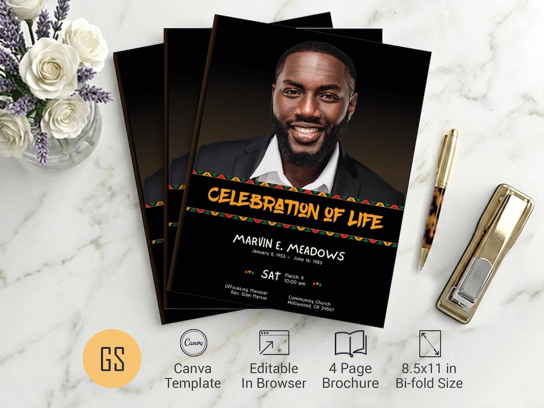 African Funeral Program Template | Canva, 4-page Ethiopian Black Bifold ...