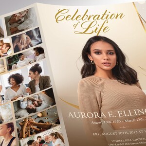 Beige Funeral Program Template for Canva, 8-page, Paradise Beige & Gold ...