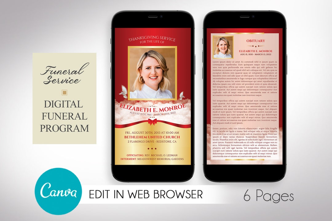 Red Ribbon Digital Funeral Program Template for Canva, Mobile Phone ...
