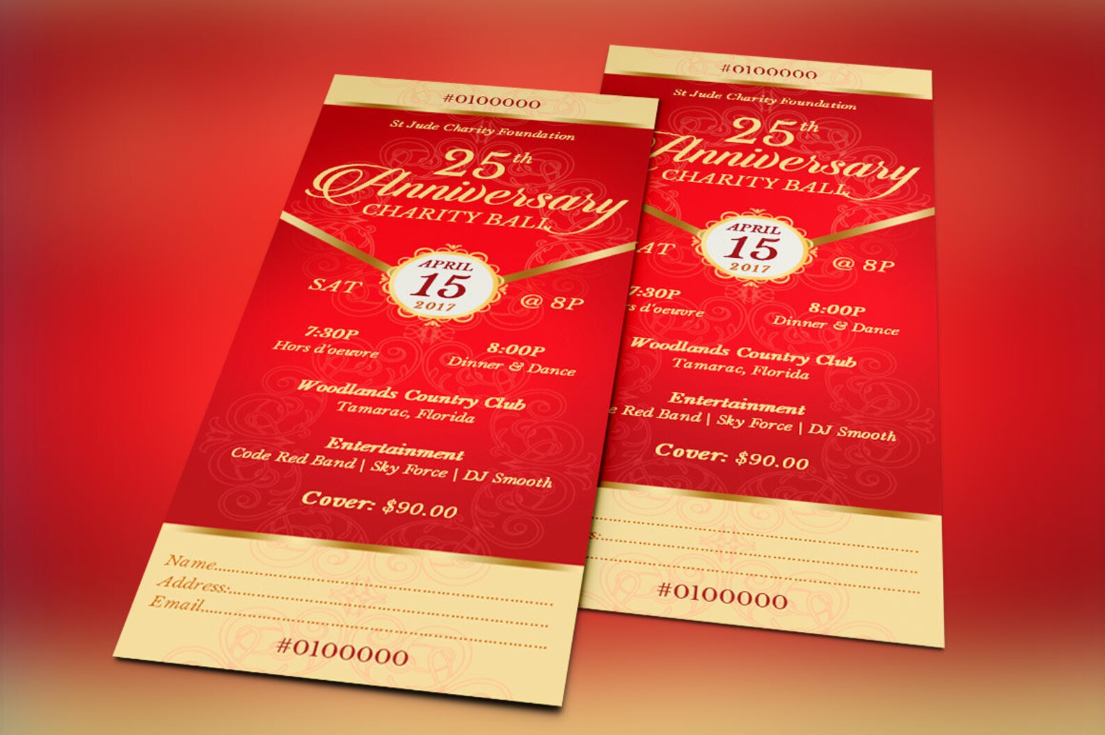 Red Gold Anniversary Banquet Ticket Template (word & Publisher, 3x7 In ...