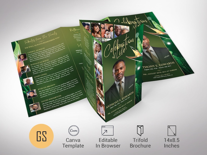 Green Funeral Program Template: Trifold Paradise Celebration of Life ...