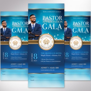 Pastor Appreciation Banquet Ticket Template, Canva, Blue Gold, Church ...