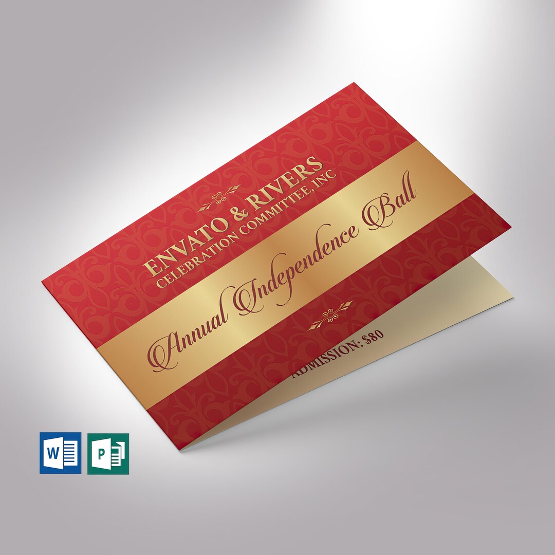 Red Gold Folded Banquet Ticket Template (word & Publisher, 4x2 In ...