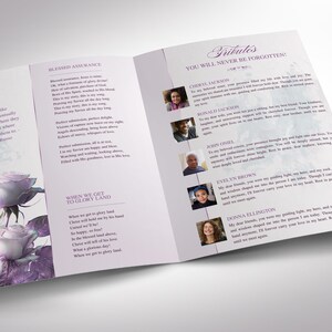 Rose Funeral Program Template | Canva: Pastel Purple 8-page Bifold ...