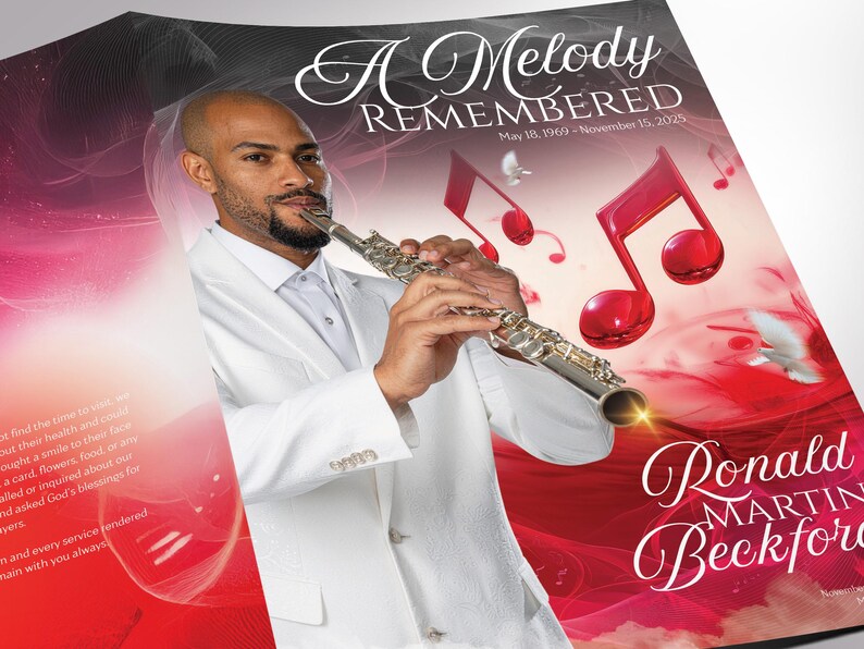 Red Musical Funeral Program Template for Canva: 8 Page Bifold Memorial ...